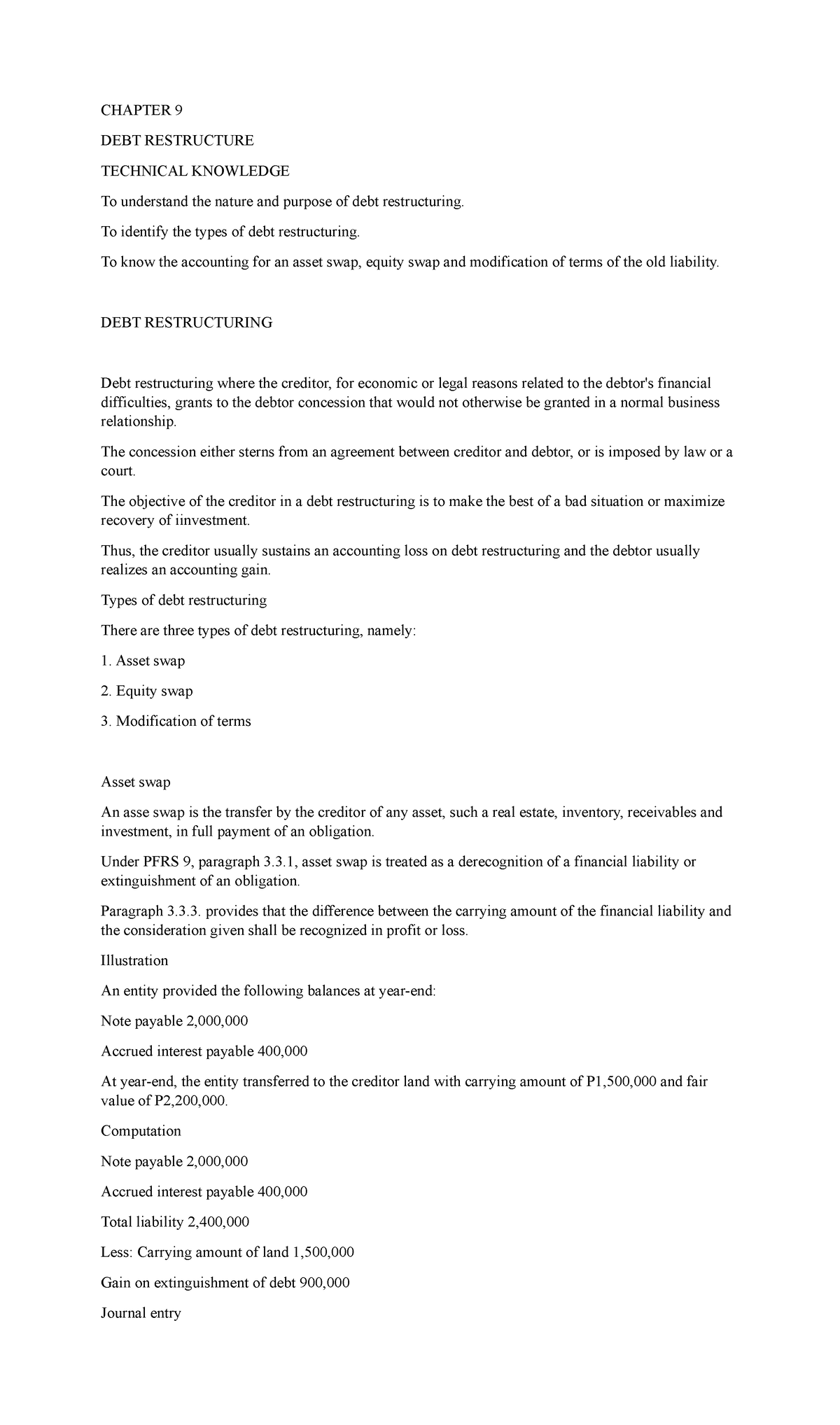Intermediate Accounting: Chapter 9 - Debt Restructuring Overview - Studocu