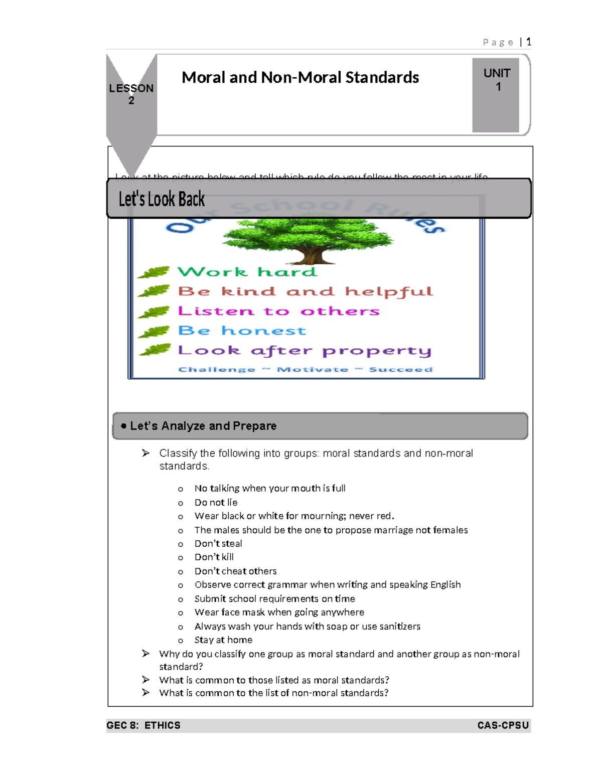 GEC Ethics Module: Moral and Non-Moral Standards (Unit 1, Lesson 2 ...