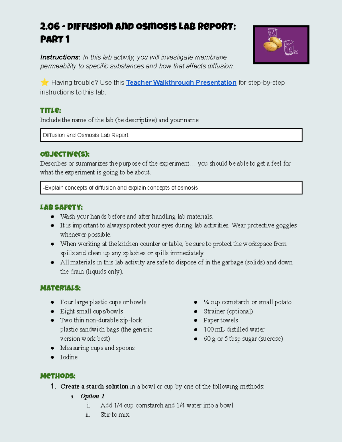 2.06 Lab Report: Investigating Diffusion and Osmosis Effectiveness - Studocu
