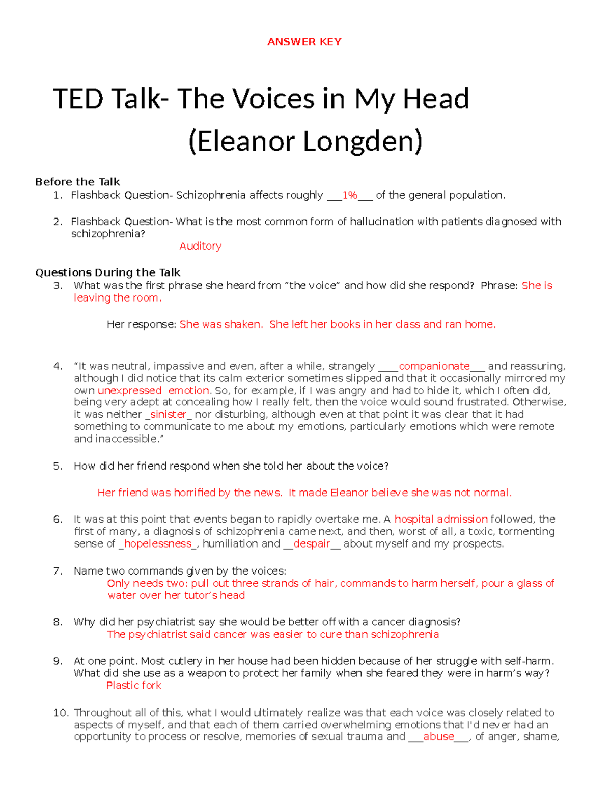 ANSWER KEY: TED Talk on "The Voices in My Head" (Eleanor Longden) - Studocu