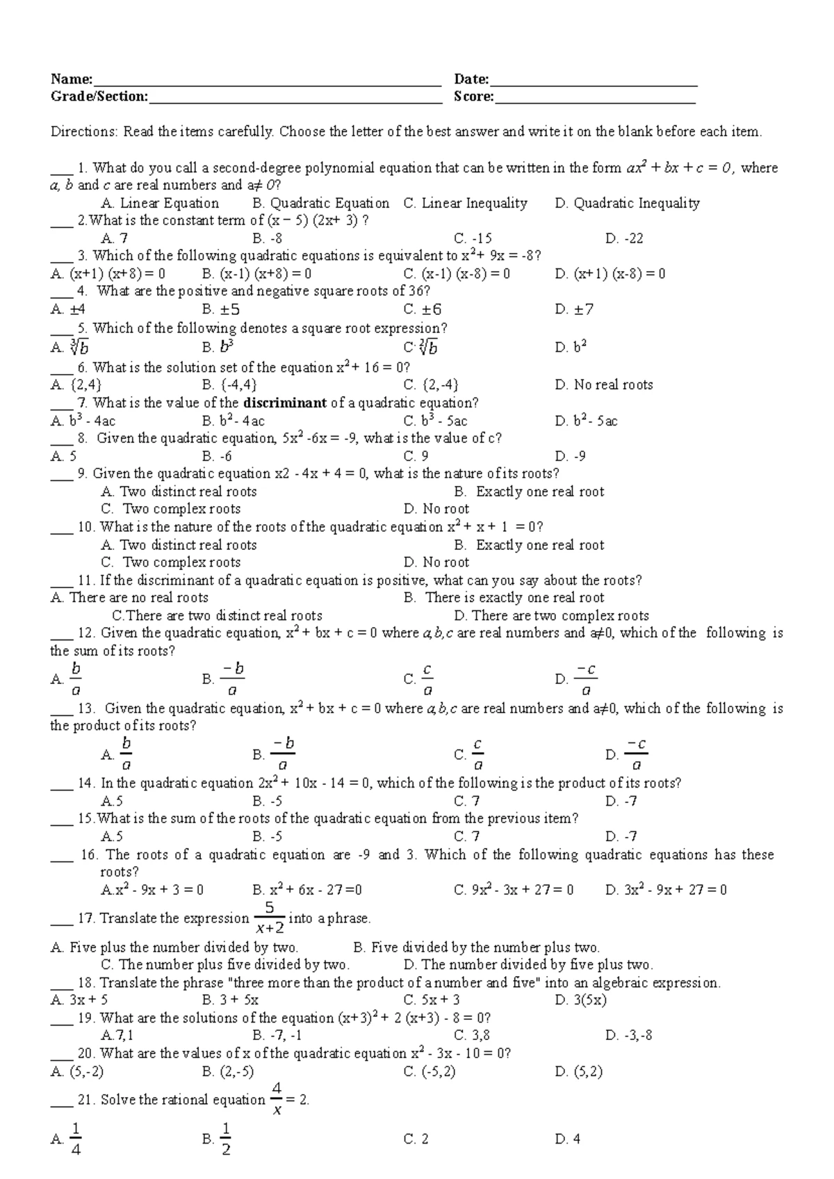 Grade 9 Math Learning Activity Sheet: Discriminants & Quadratics - Studocu