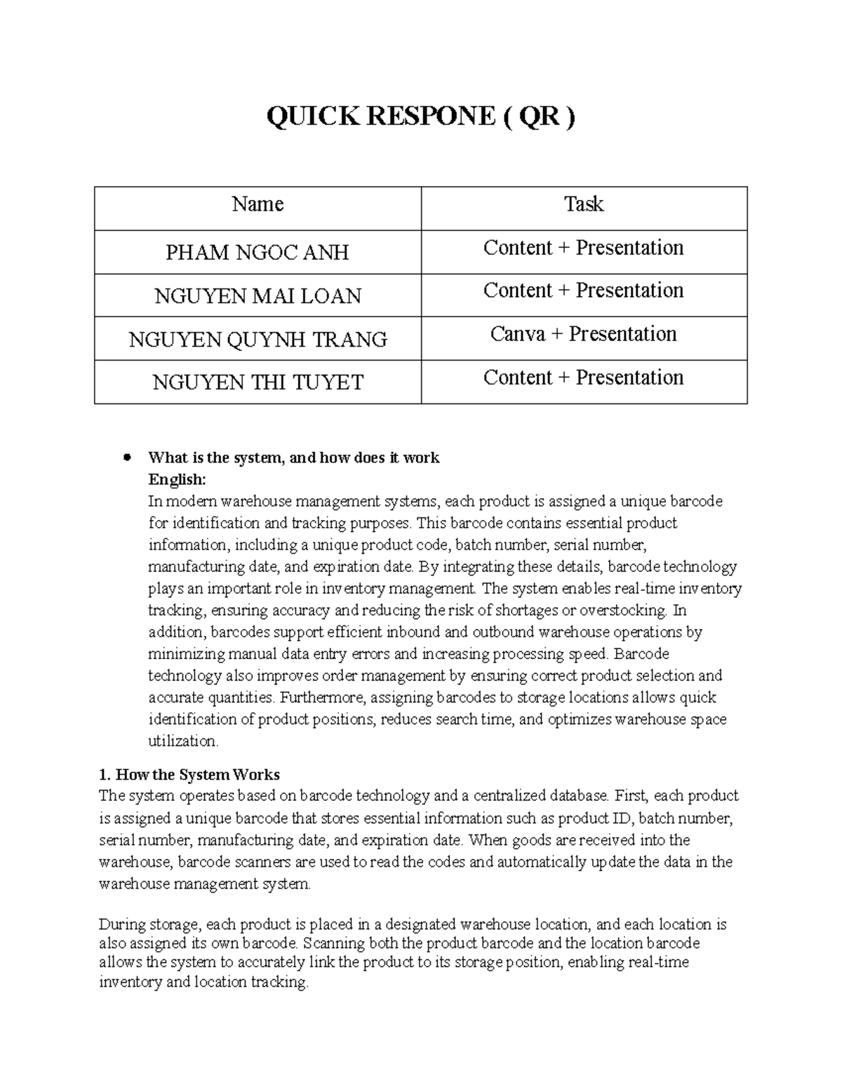 Quick Response System Overview (QR) - Team Presentations - Studocu