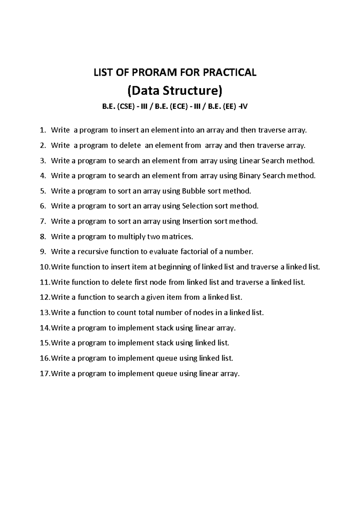 DS Lab Practical Programs for B.E. (CSE/ECE/EE) - Studocu