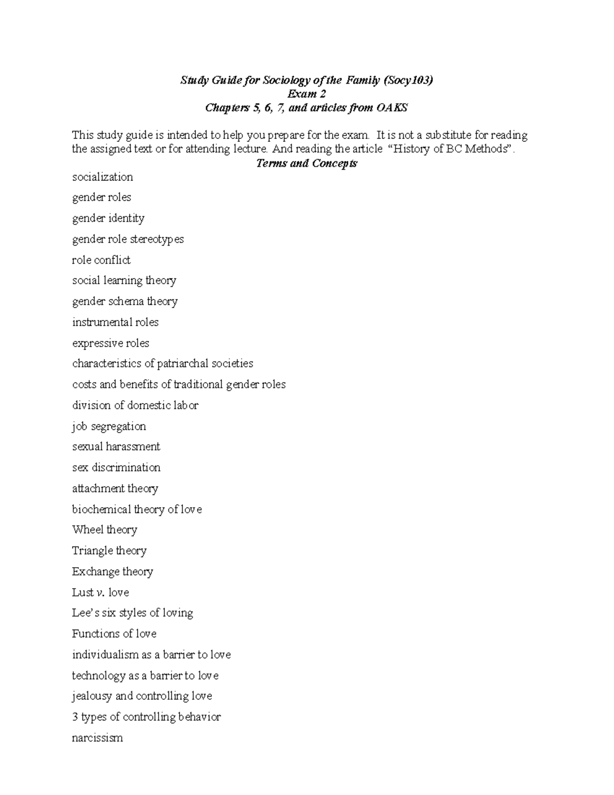 Study Guide for Sociology of the Family (Socy103) Exam 2: Ch. 5-7 ...
