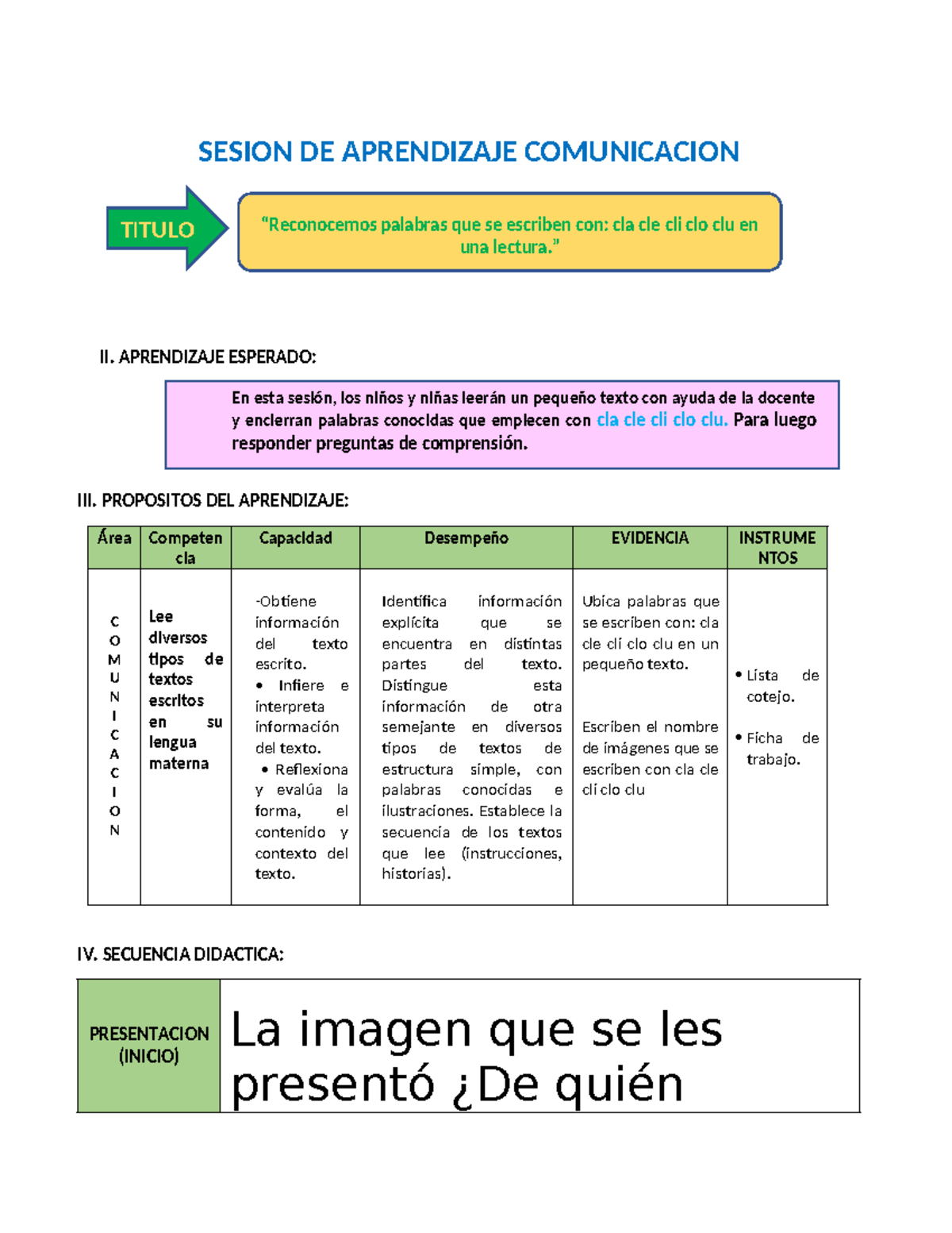 Sesión de Aprendizaje: Palabras con CLA, CLE, CLI, CLO, CLU - Studocu