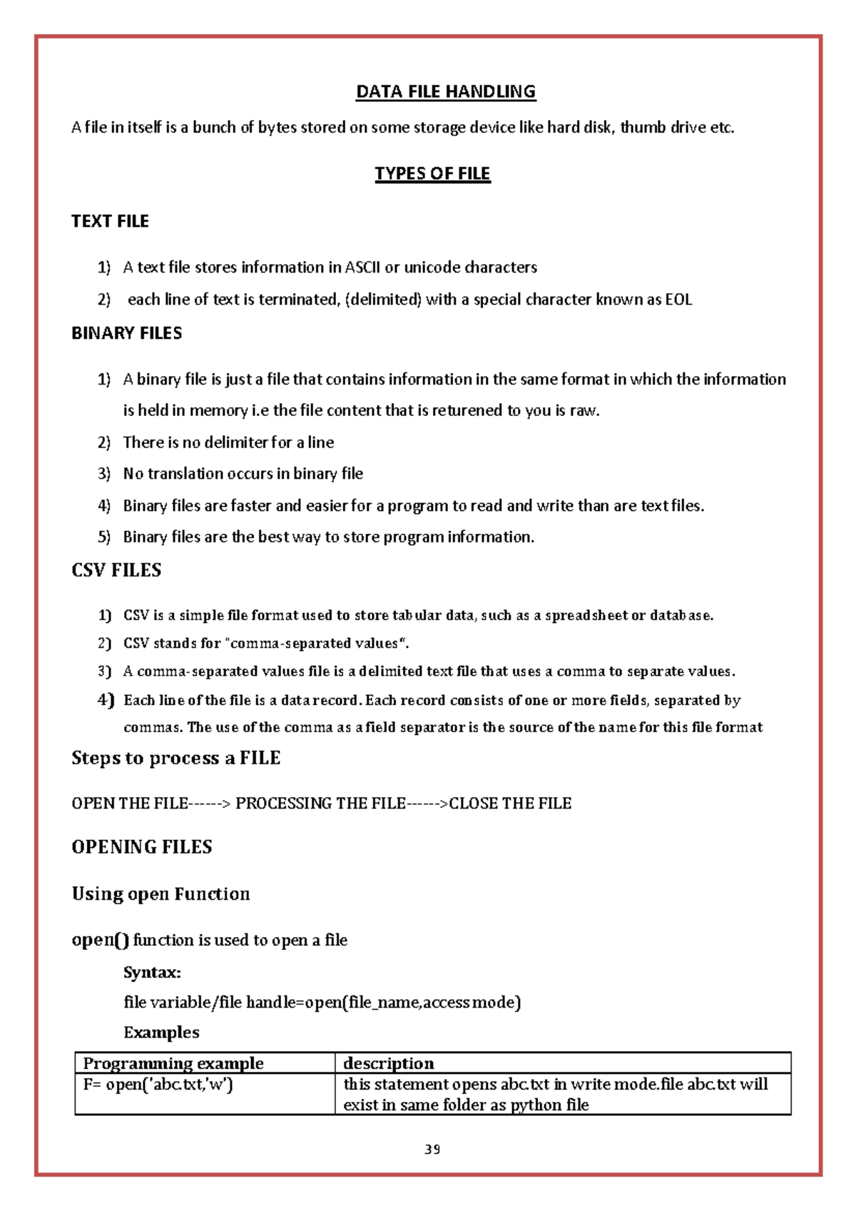 DATA FILE HANDLING: Understanding Text, Binary, and CSV Files - Studocu