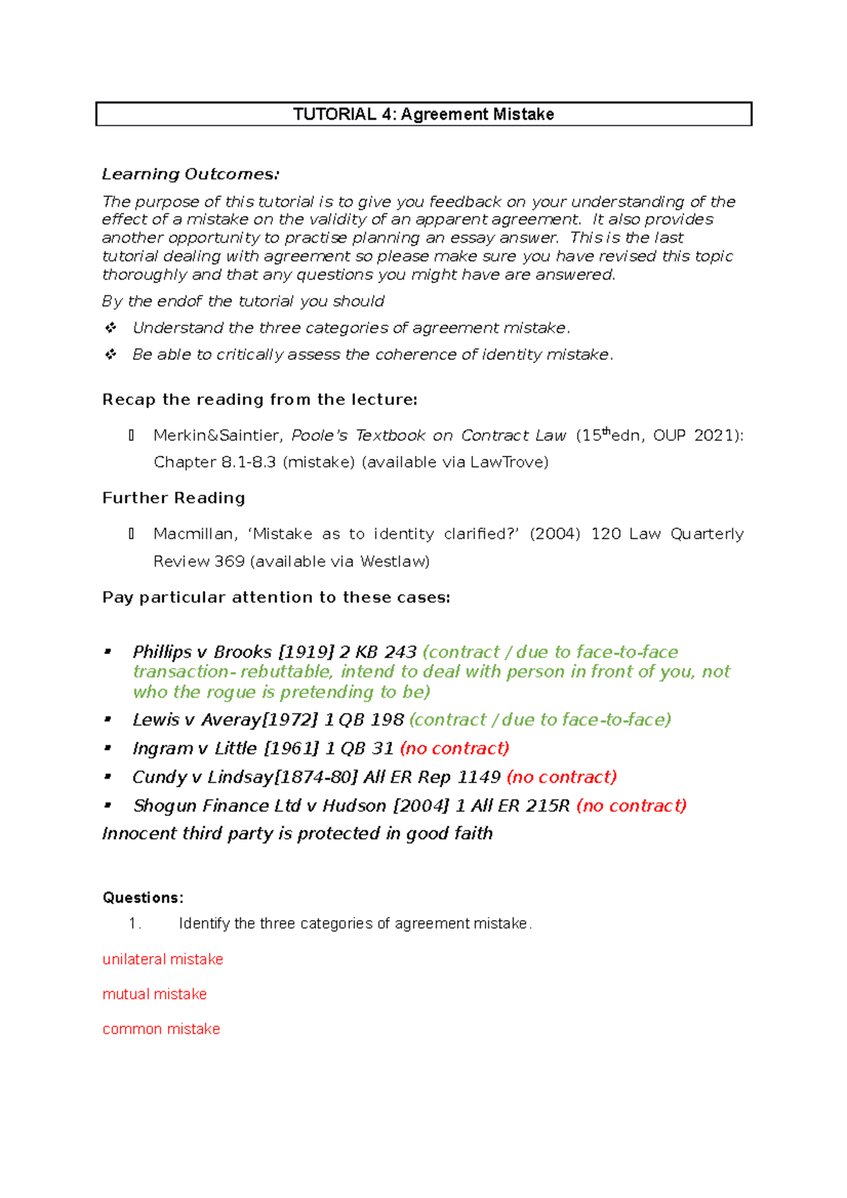 Tutorial 4: Understanding Agreement Mistakes in Contract Law - Studocu