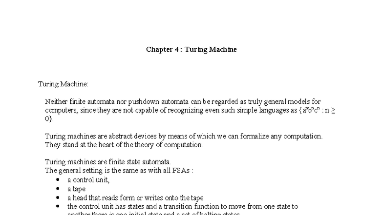 UNIT-5: Theory of Computation - Turing Machine Overview - Studocu