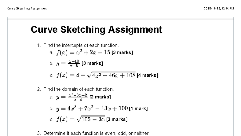 Calculus - Curve Sketching Assignment (12:10 AM) - Studocu