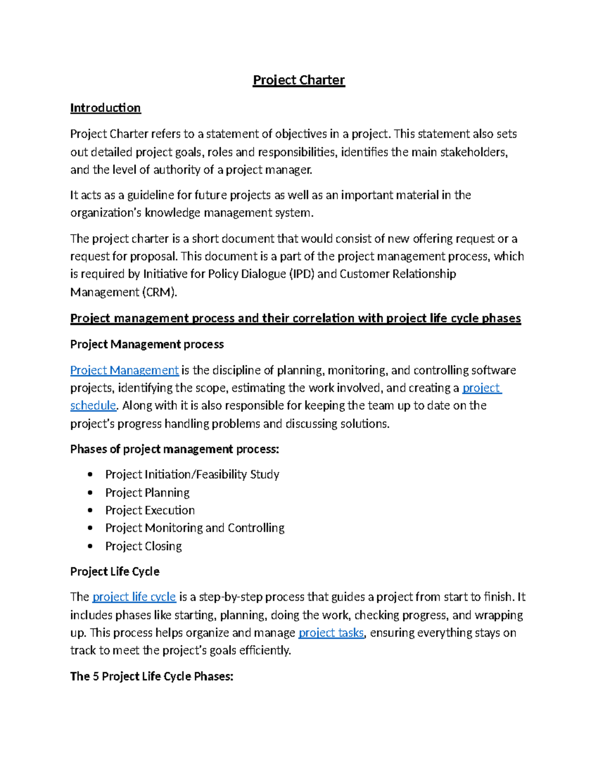 OOSE(2nd Lesson) - Project Charter & Management Processes Notes - Studocu