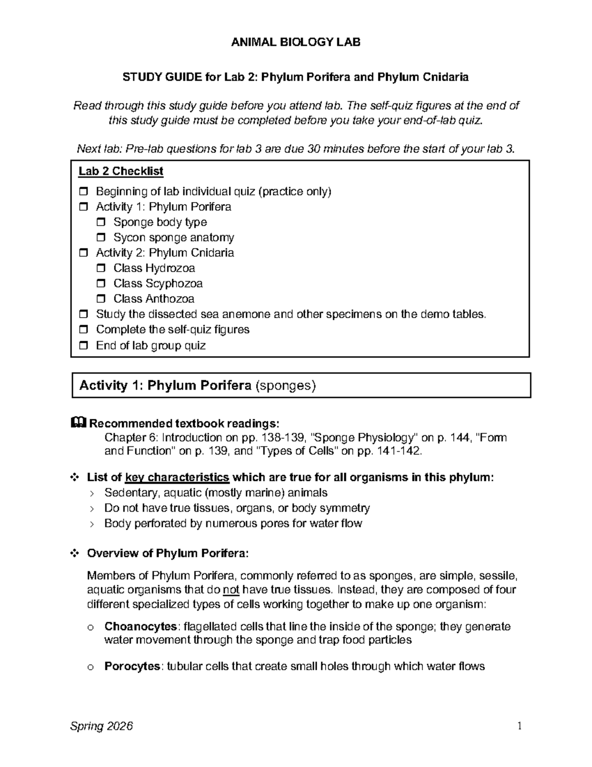 ANIMAL BIOLOGY LAB STUDY GUIDE: Lab 2 - Porifera & Cnidaria - Studocu