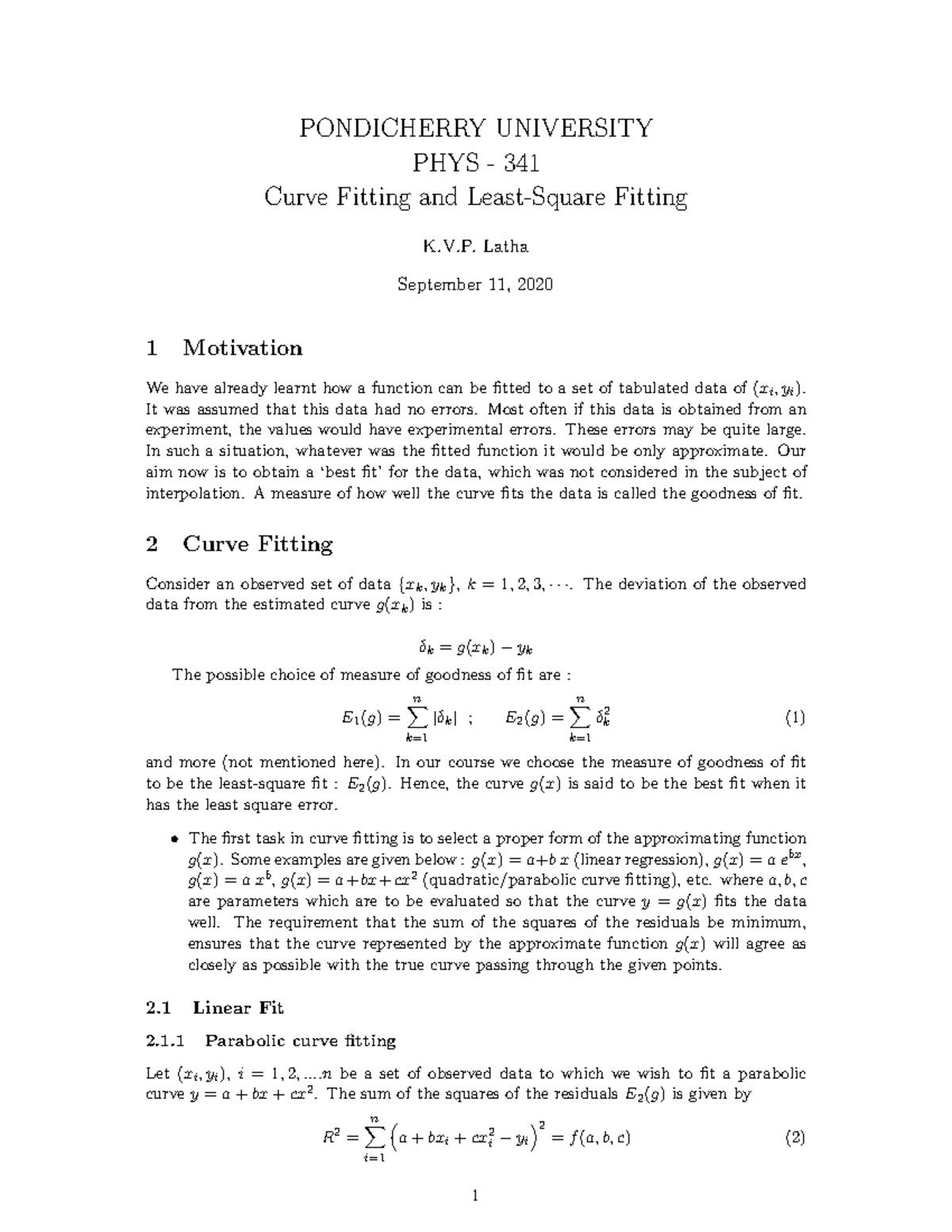 PHYS-341 Curve Fitting: Theory, Examples, and Applications - Studocu
