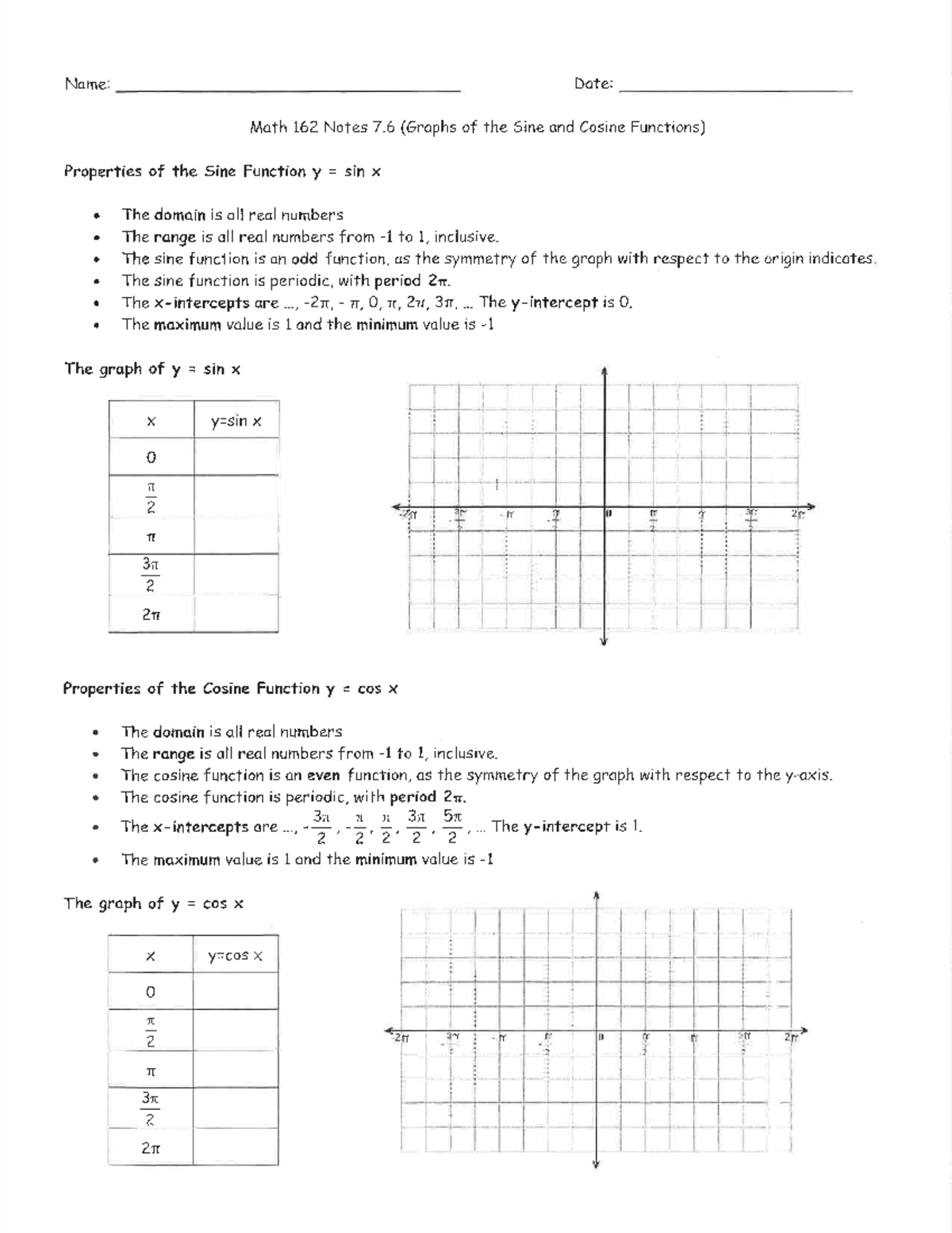 7 - Trig class work - Name: Date: Math 162 Notes 7 (Graphs of the Sine ...