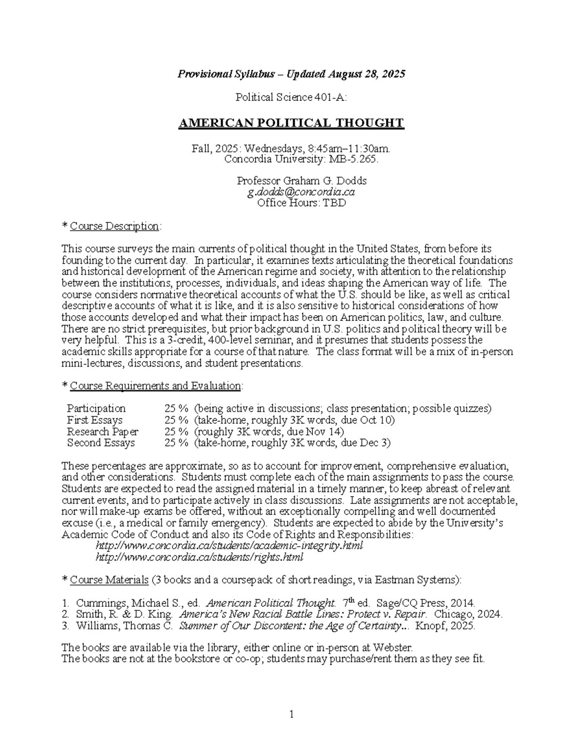 POLI 401: Provisional Syllabus for American Political Thought, Fall ...