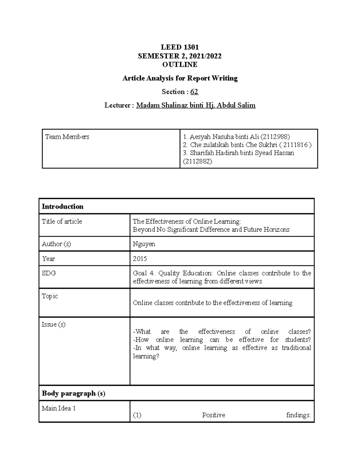 Article Outline for Report Writing - LEED 1301 SEMESTER 2, 2021 ...