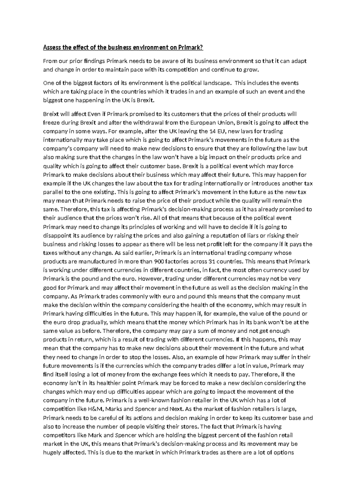 Business Environment Analysis of Primark: Impact of Political and ...