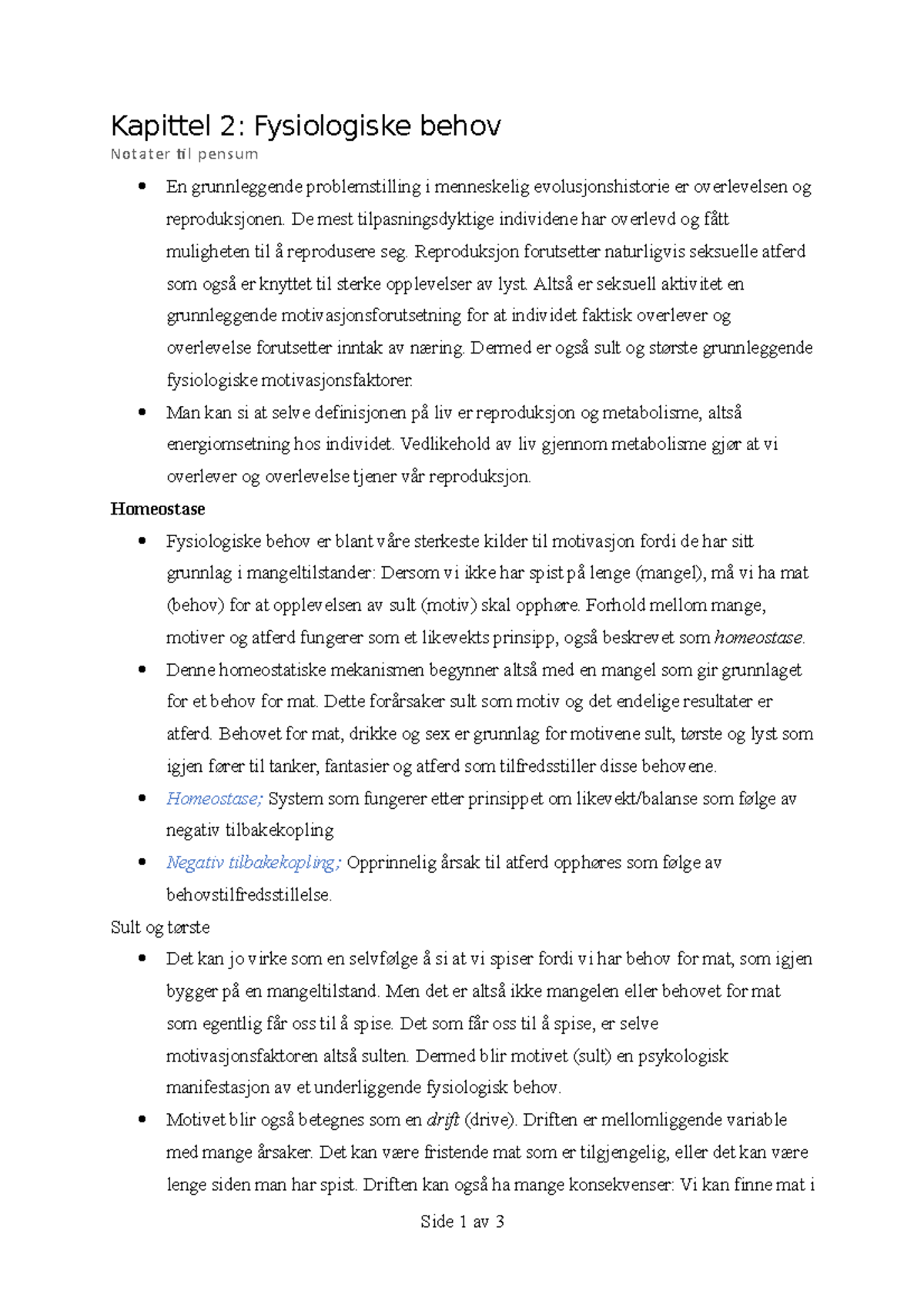 Kapittel 2 - Fysiologiske behov - PSYK109 - UiB - Studocu