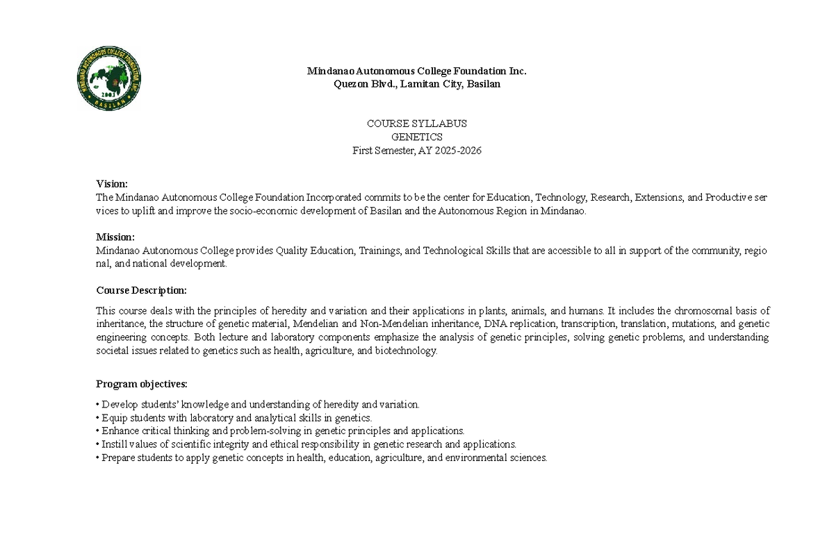 Genetics Syllabus - MACFI GEN 101 First Semester AY 2023-2024 - Studocu