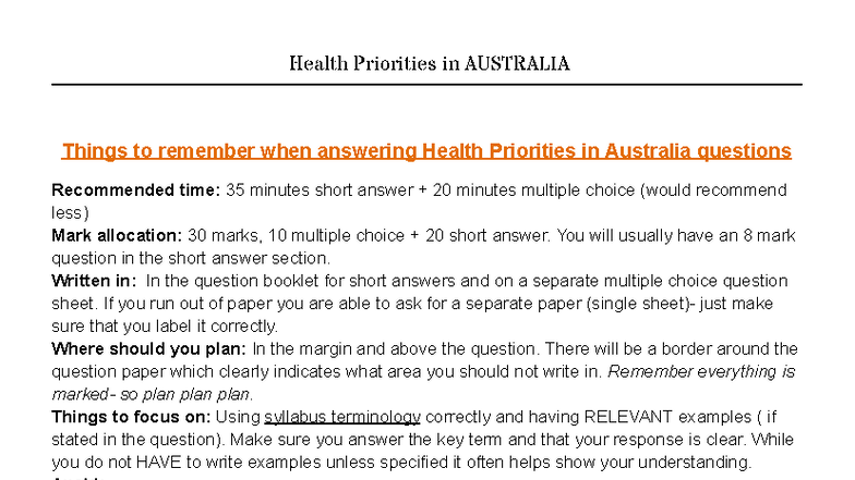 Health Priorities in Australia: Revision Notes for HLT301 Exam - Studocu