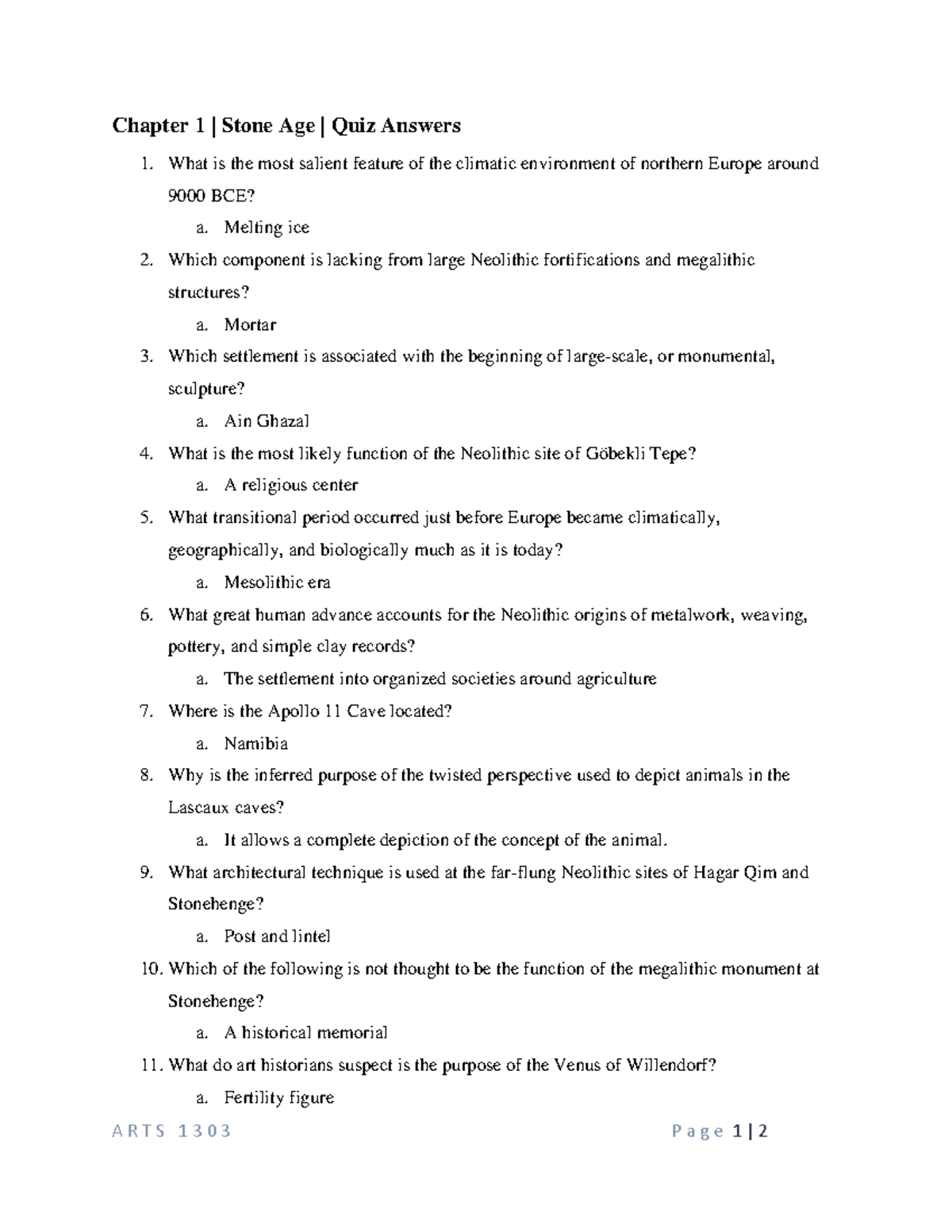 ART 1303 Quiz Answers: Stone Age Insights from Chapter 1 - Studocu