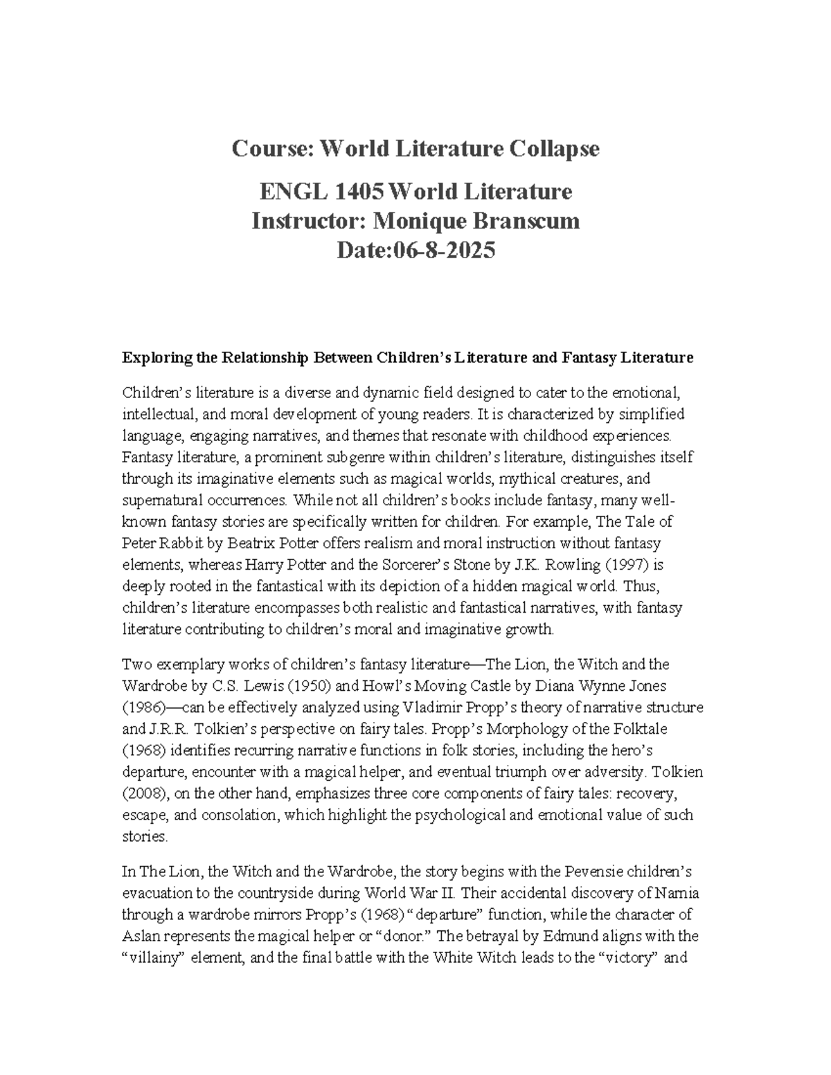 ENGL 1405 World Literature Ass 7: Analyzing Fantasy Narratives - Studocu