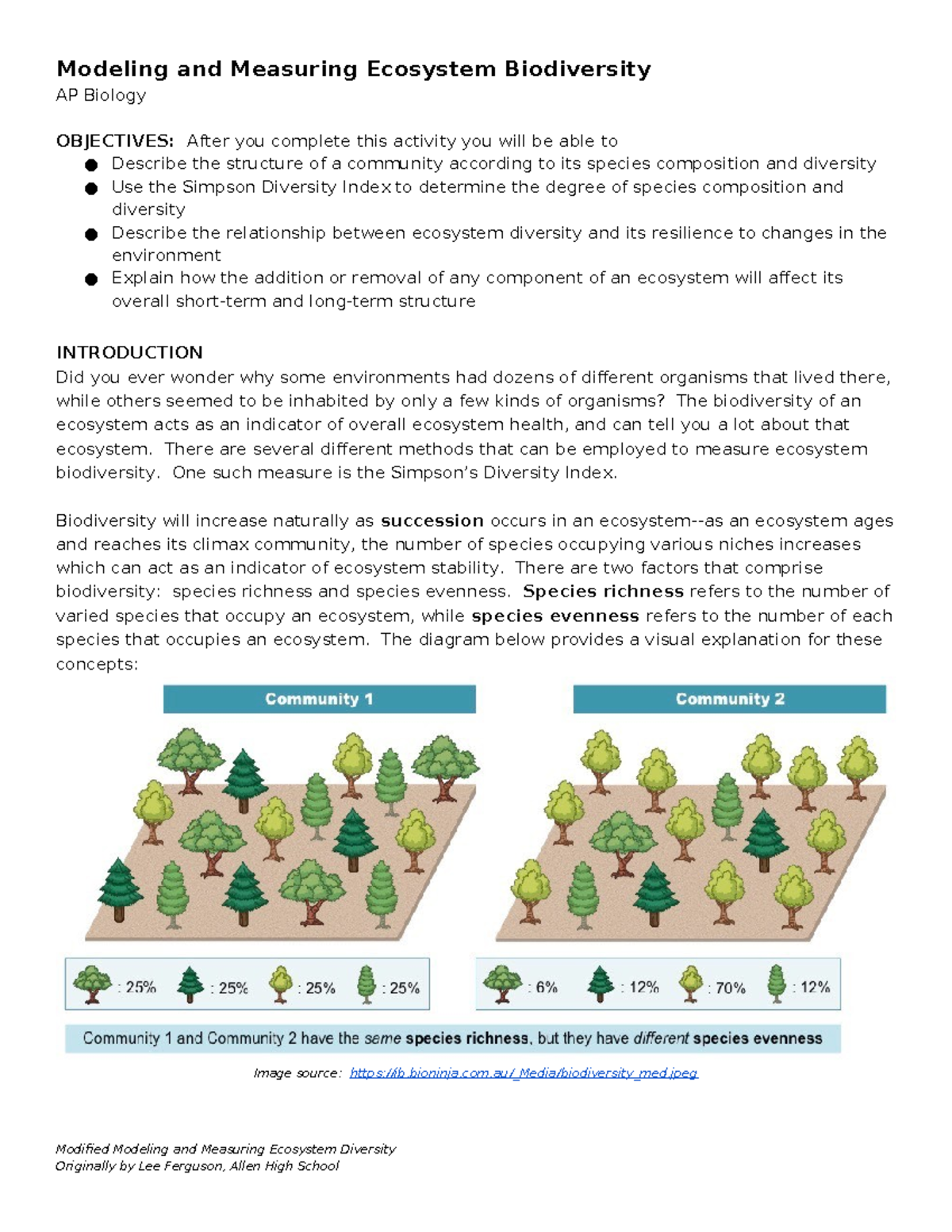 AP Biology: Simpson's Diversity Index Virtual Lab & Ecosystem Analysis ...