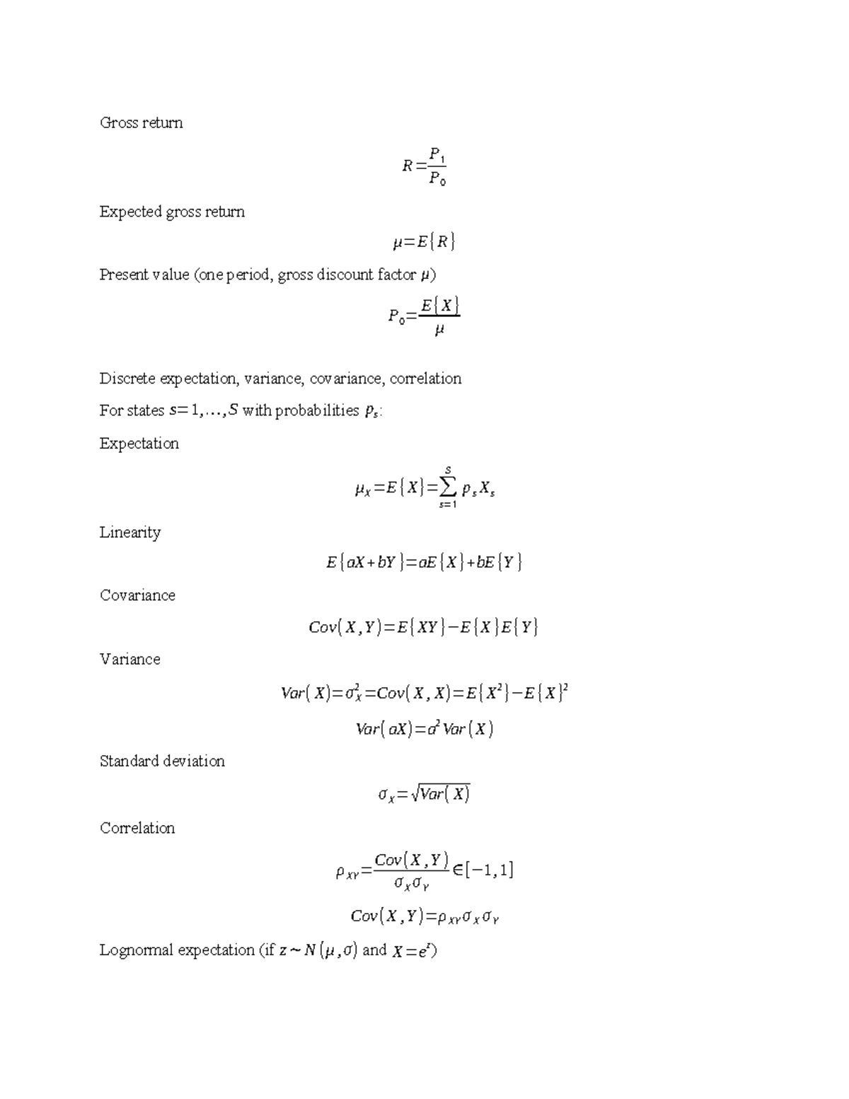 Finance 101: Formula Sheet for Gross Returns and Risk Analysis - Studocu