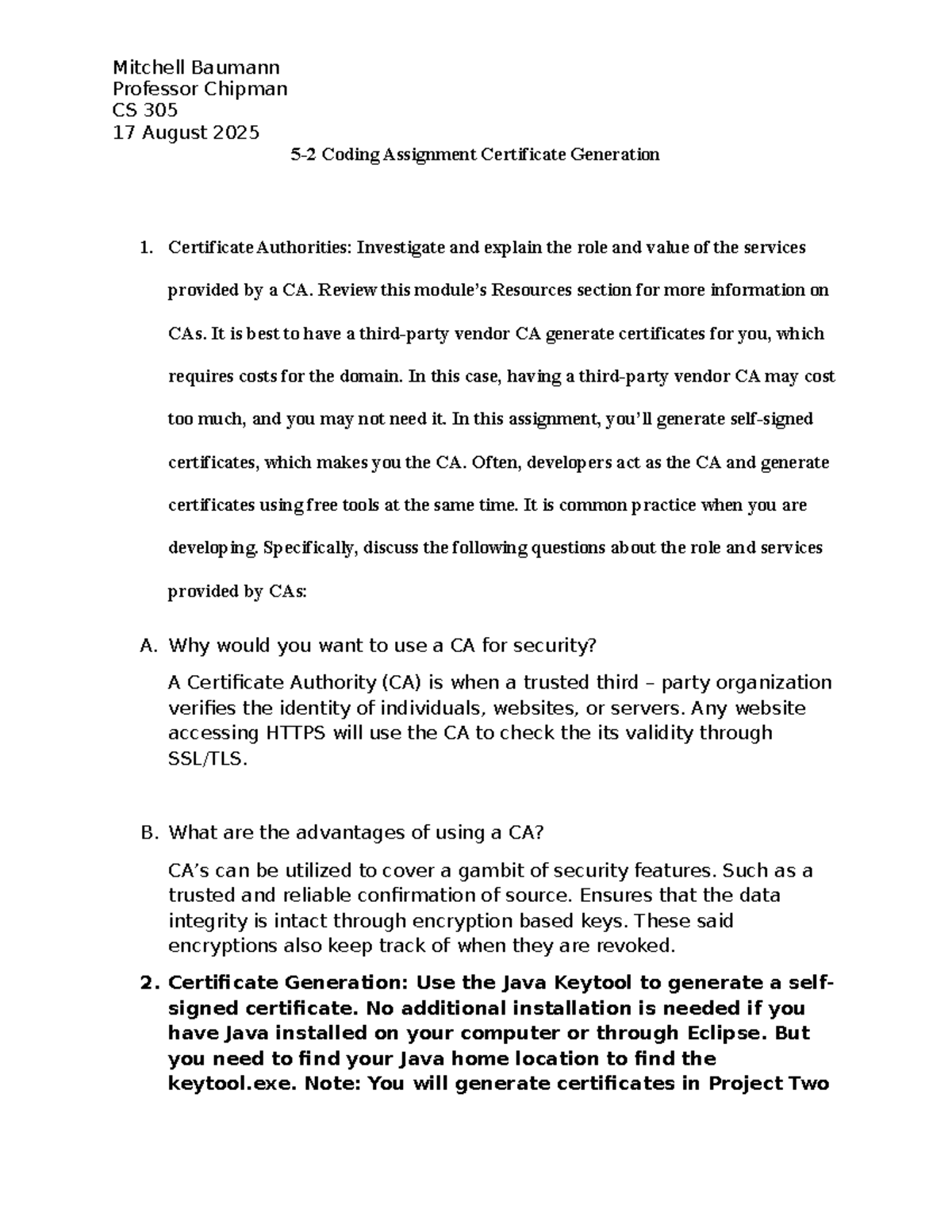 CS 305 Final Exam: Certificate Generation Assignment Guide - Studocu