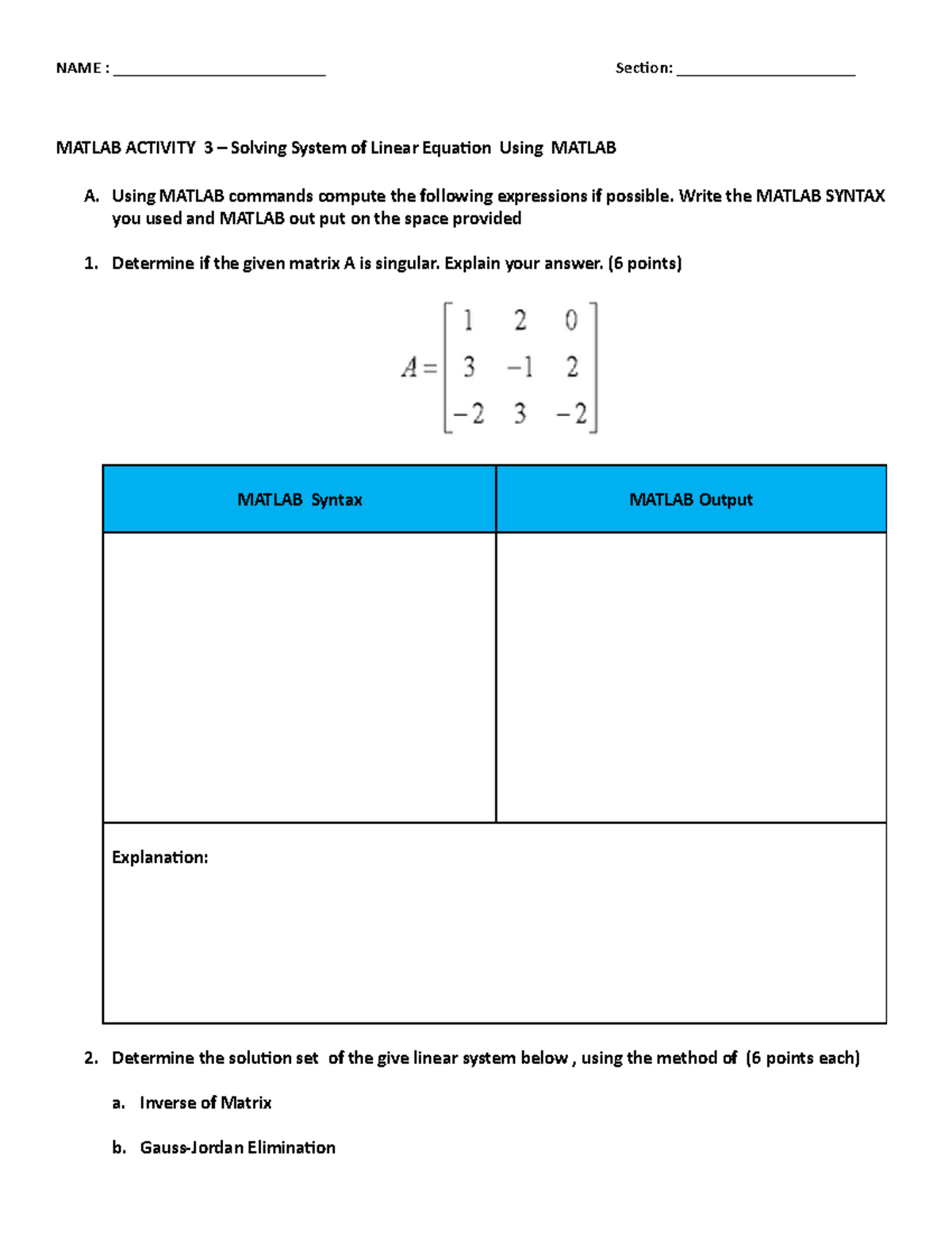 MATLAB Activity 3: Solving Linear Equations with MATLAB Tools - Studocu