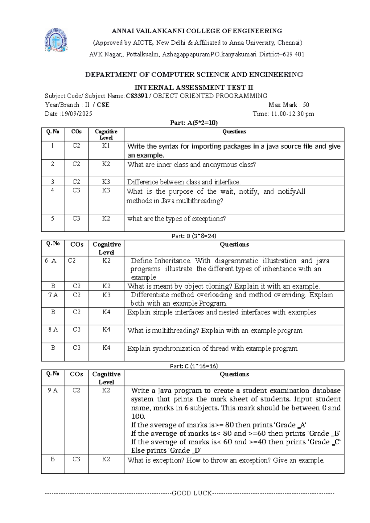 CS3391 OOPS Internal Assessment Test II Question Paper - Studocu