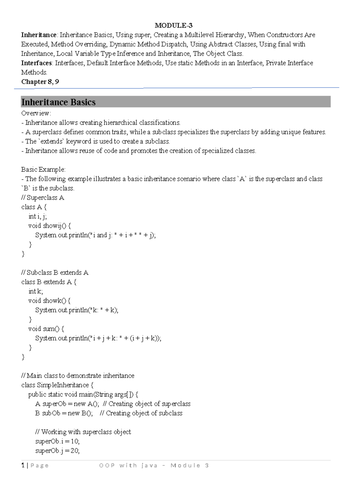 OOP with java Module 3 Inheritance - MODULE- Inheritance: Inheritance Basics, Using super ...