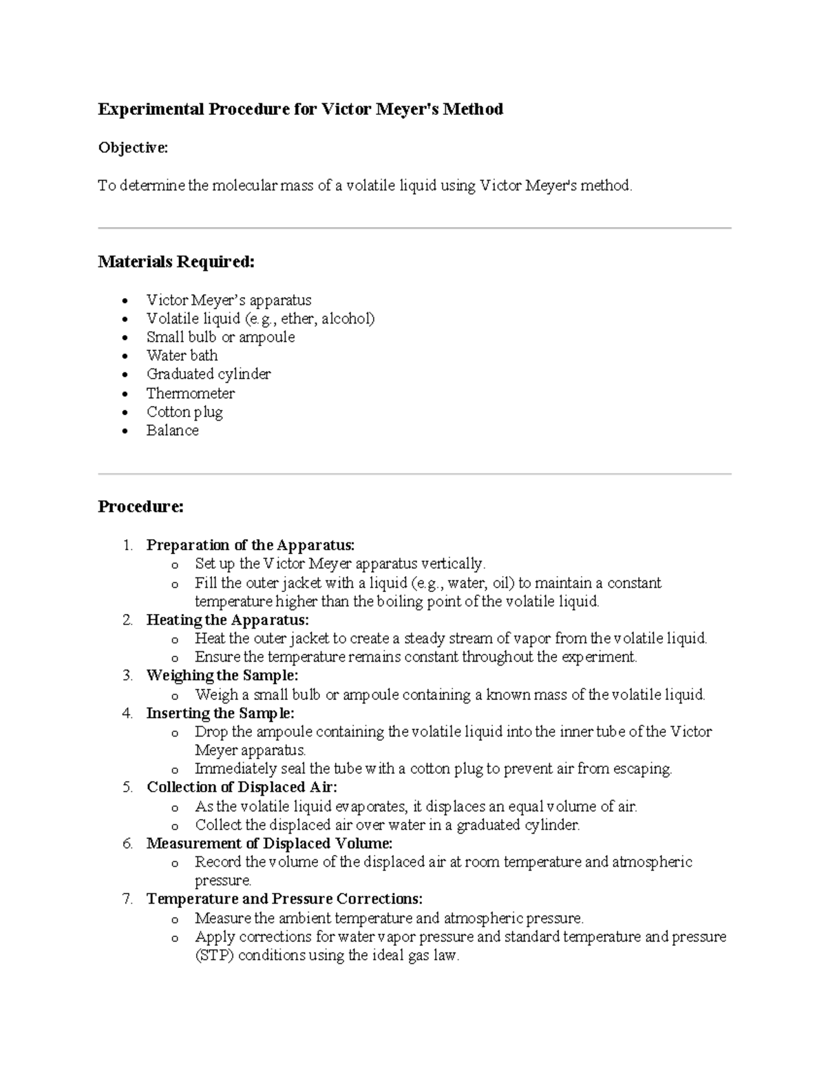 Victor Meyer Experiment - Experimental Procedure for Victor Meyer's Method Objective: To ...