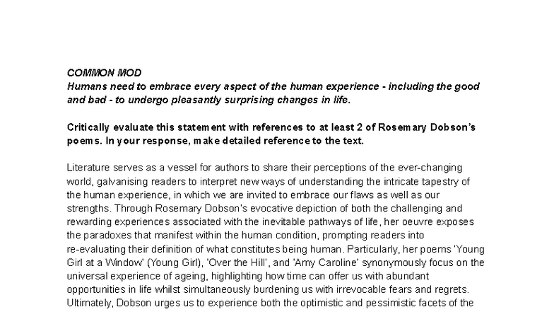 Dobson Essay Sample: Embracing the Human Experience in Poetry - Studocu