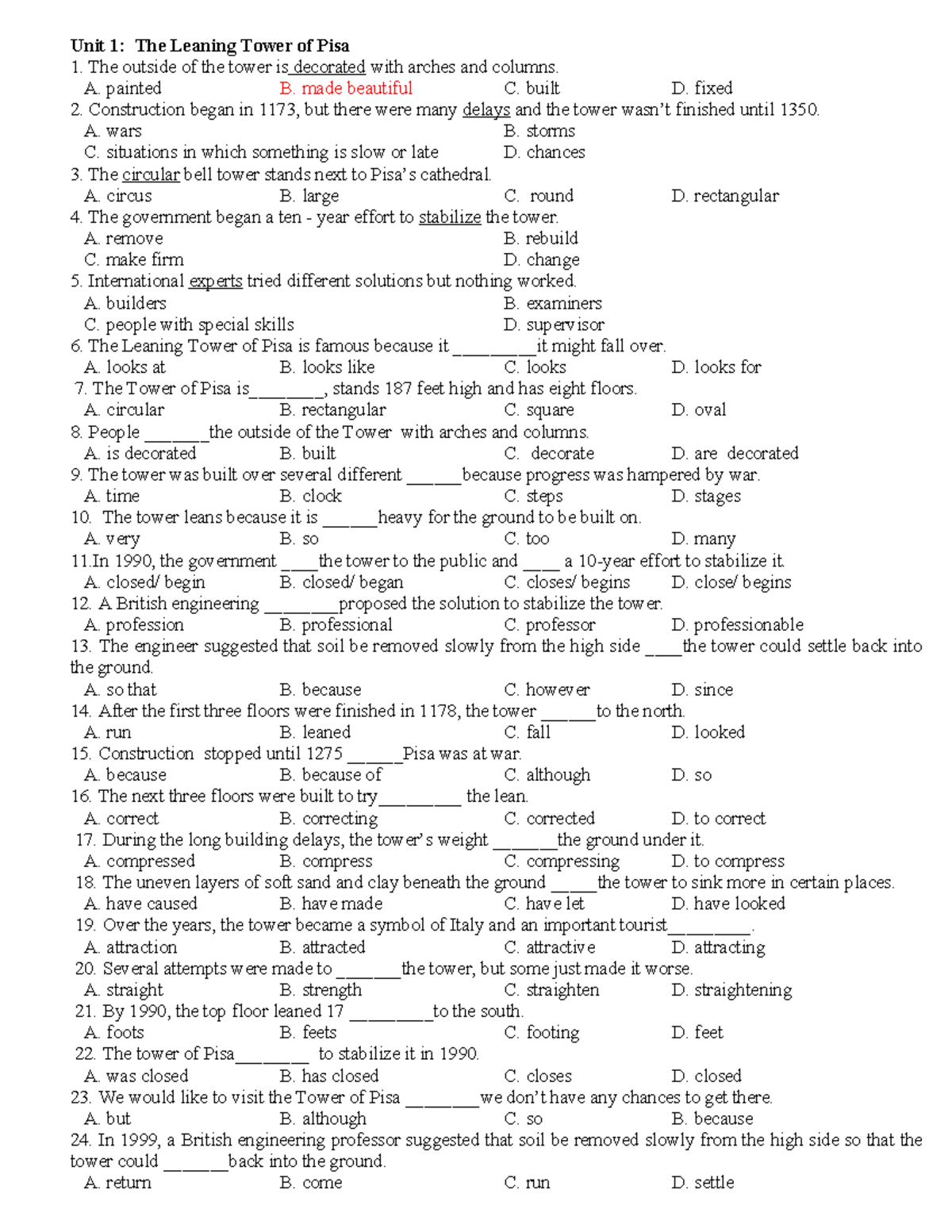 Unit 1: Leaning Tower of Pisa - Answer Key and Notes - Studocu