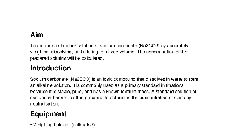 Standard Solution Preparation of Sodium Carbonate (Na2CO3) - Studocu