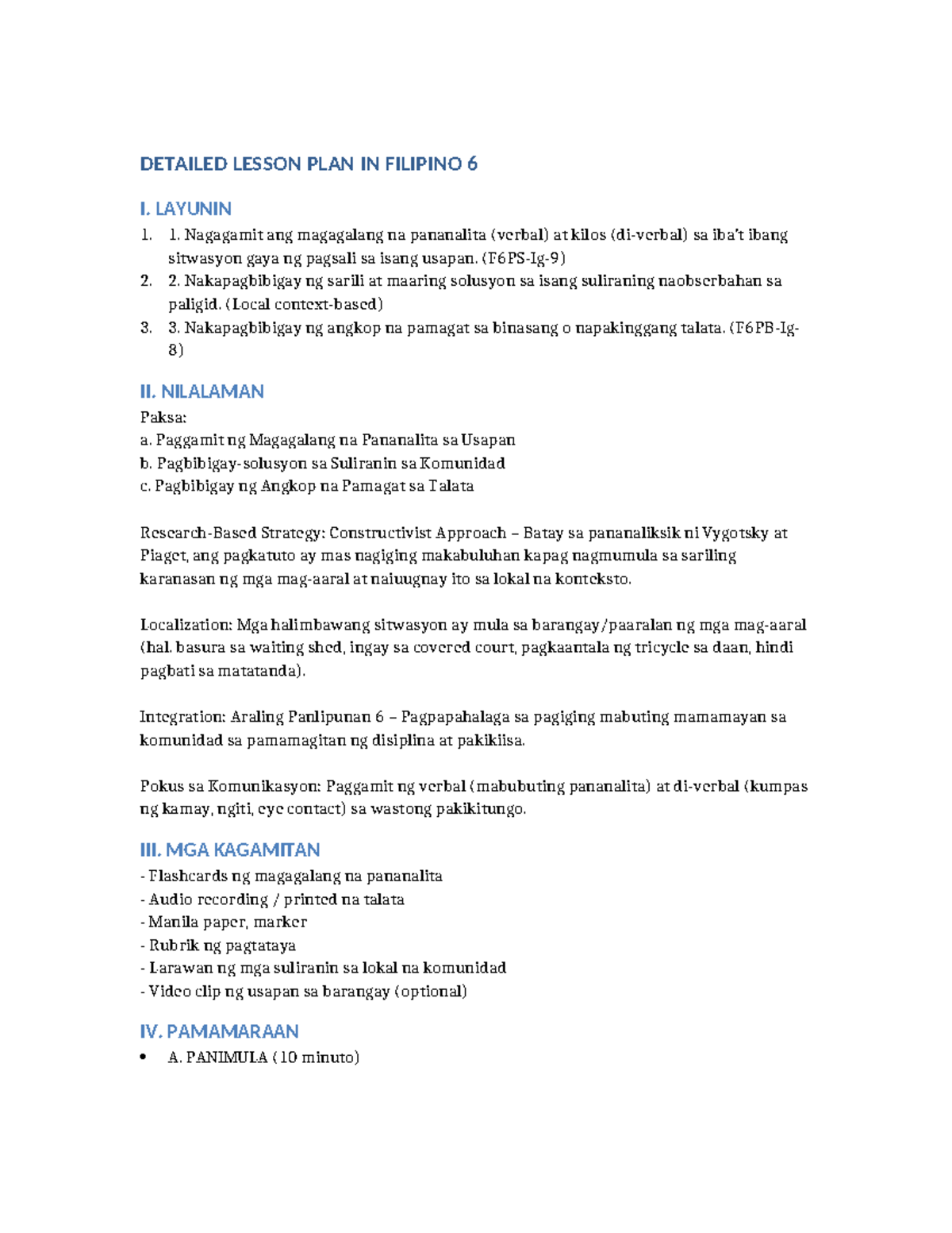 LEZ 6: Lesson Plan on Magagalang na Pananalita in Filipino 6 - Studocu