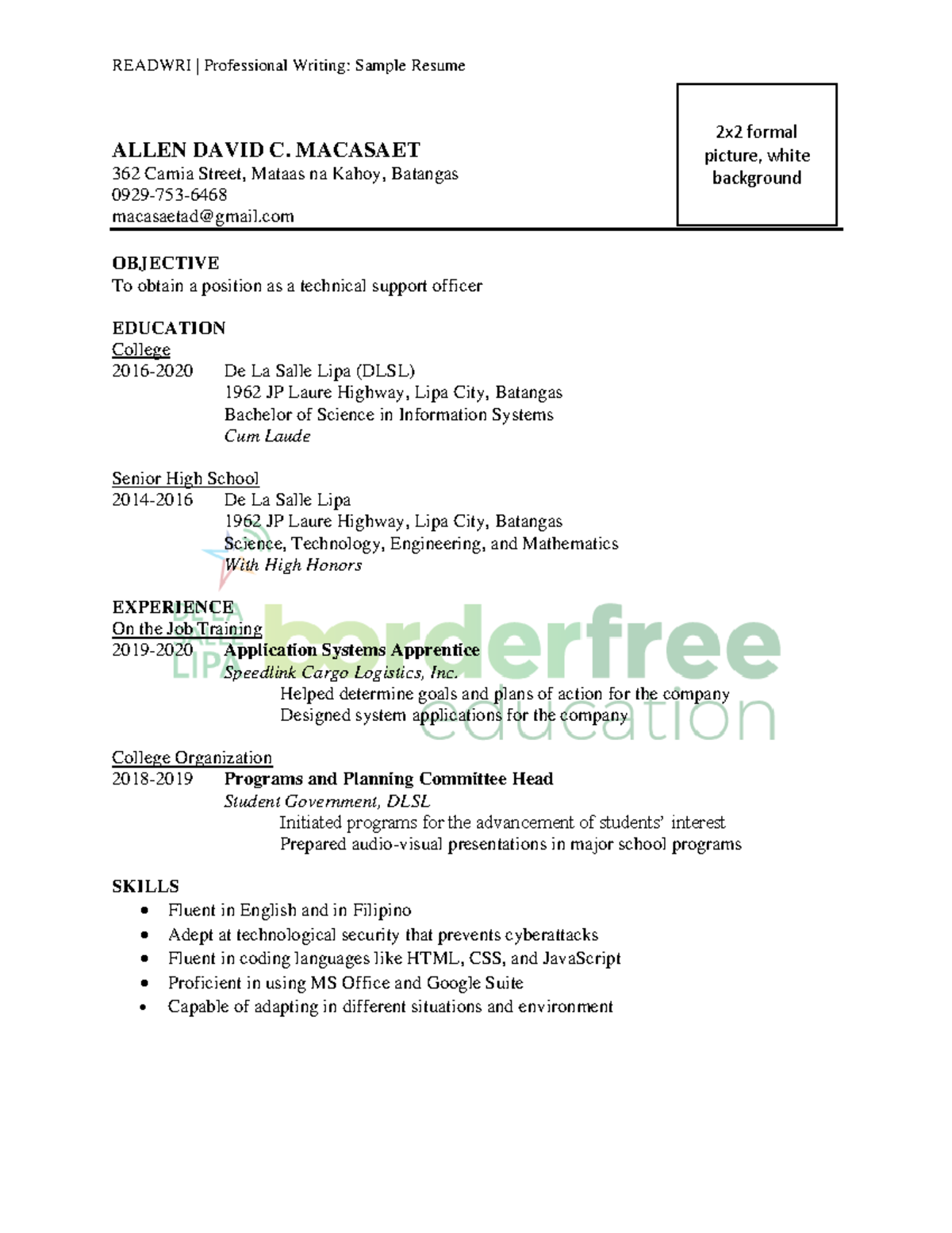 Sample resume with labelled parts - READWRI | Professional Writing ...
