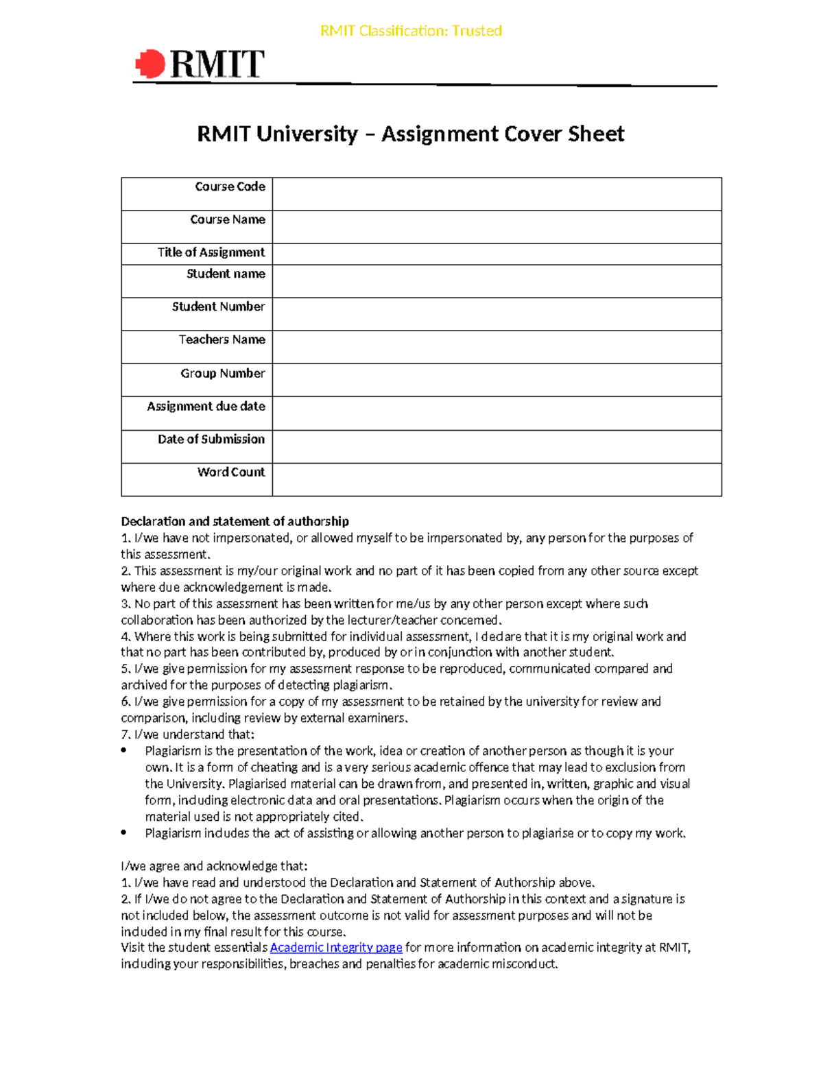 MKTG1205 Assignment Cover Sheet & Declaration of Authorship - Studocu