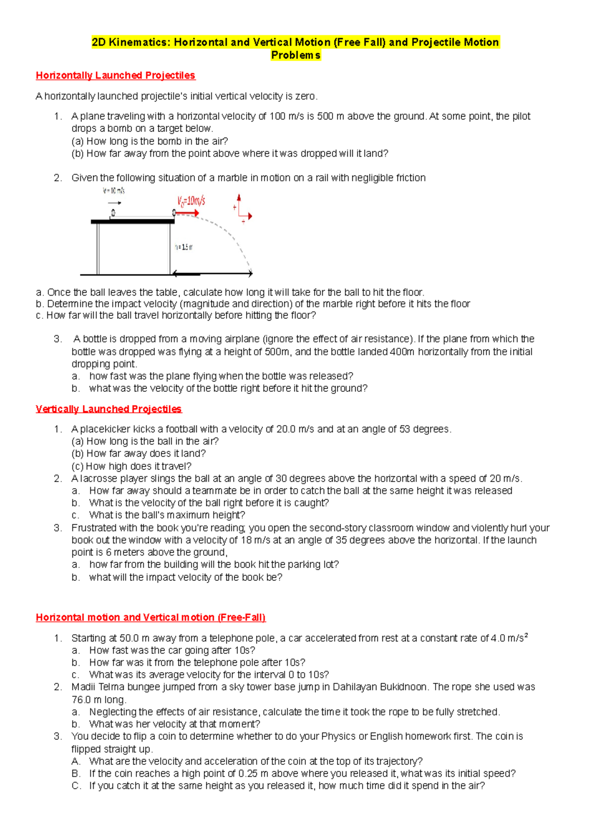 2D Kinematics Example Problems: Projectile and Free-Fall Motion - Studocu