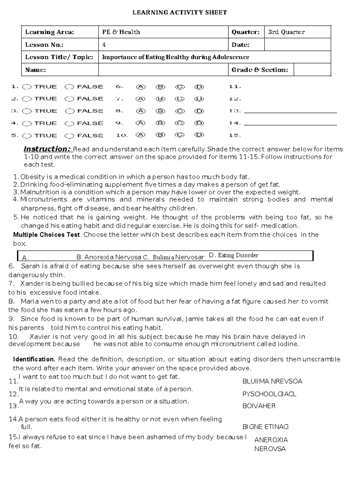 Grade 7 health LAS Q3 - for references only - LEARNING ACTIVITY SHEET ...