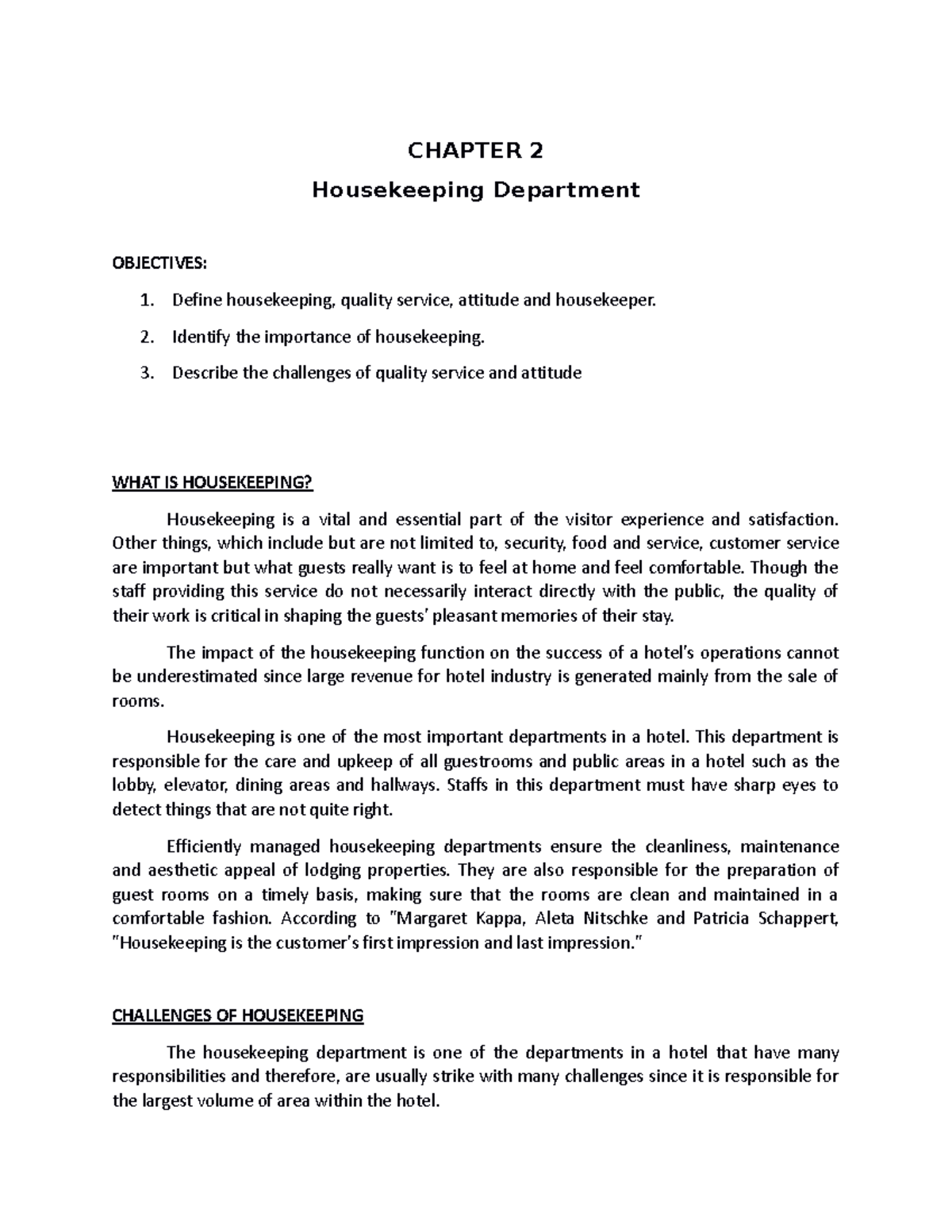 Housekeeping Department Overview - Chapter 2 Handouts - Studocu