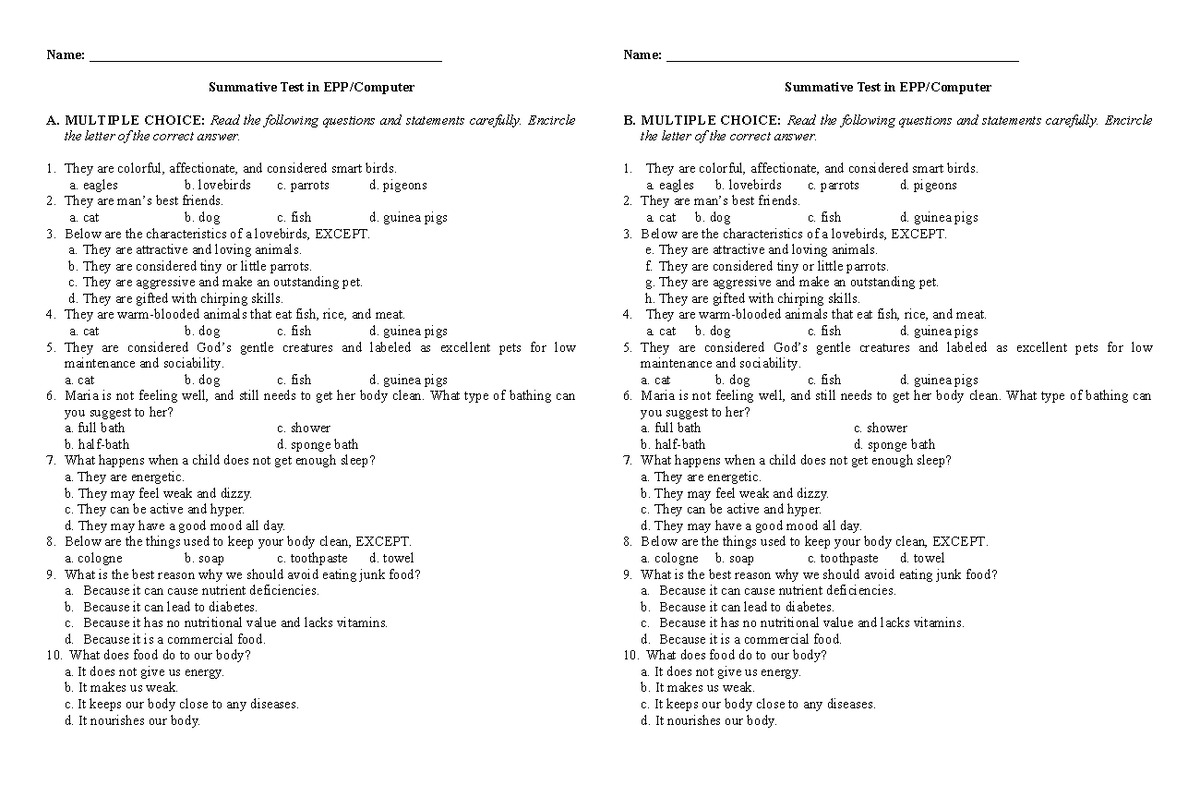 EPP 101 Summative Test: Multiple Choice Questions and Answers - Studocu