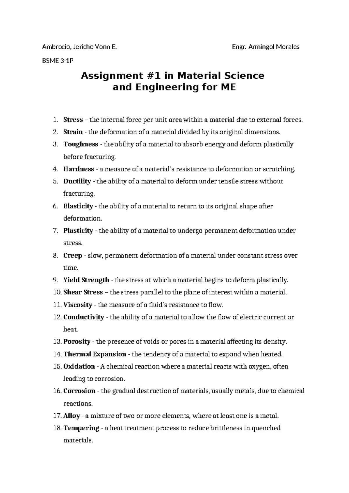 BSME ME 1 Assignment: Key Concepts in Material Science - Studocu