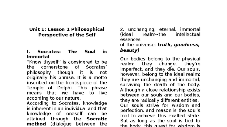 Unit 1: Lesson 1 - Philosophical Perspectives on the Self - Studocu
