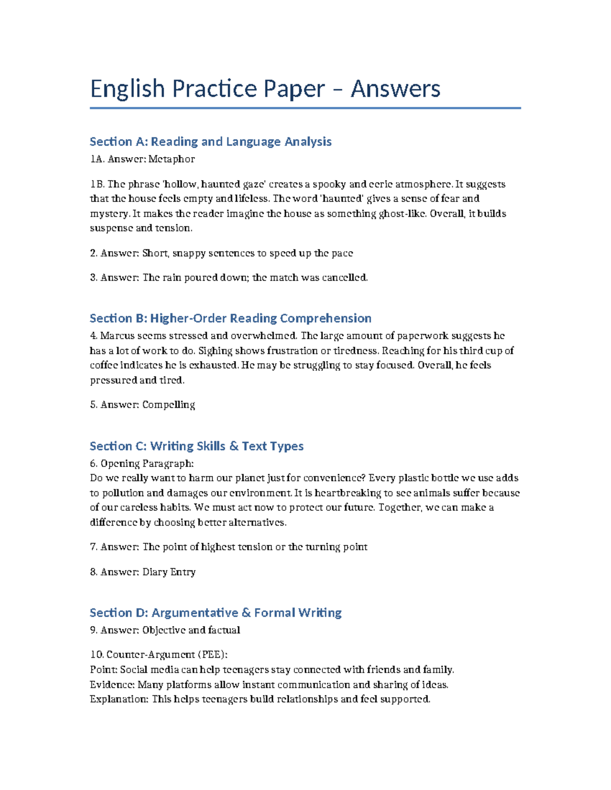 English Practice Paper Answers: Reading & Writing Skills Analysis - Studocu