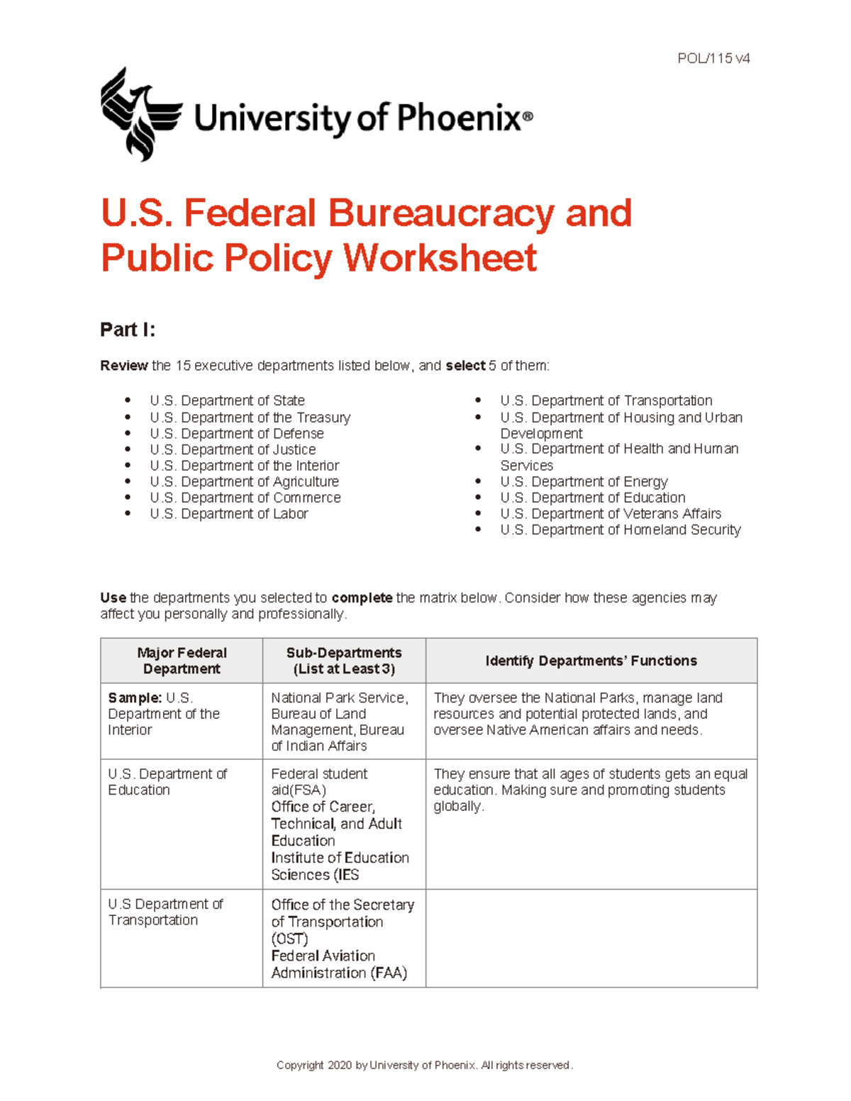 POL115 v4 U.S. Federal Bureaucracy & Public Policy Worksheet - Studocu