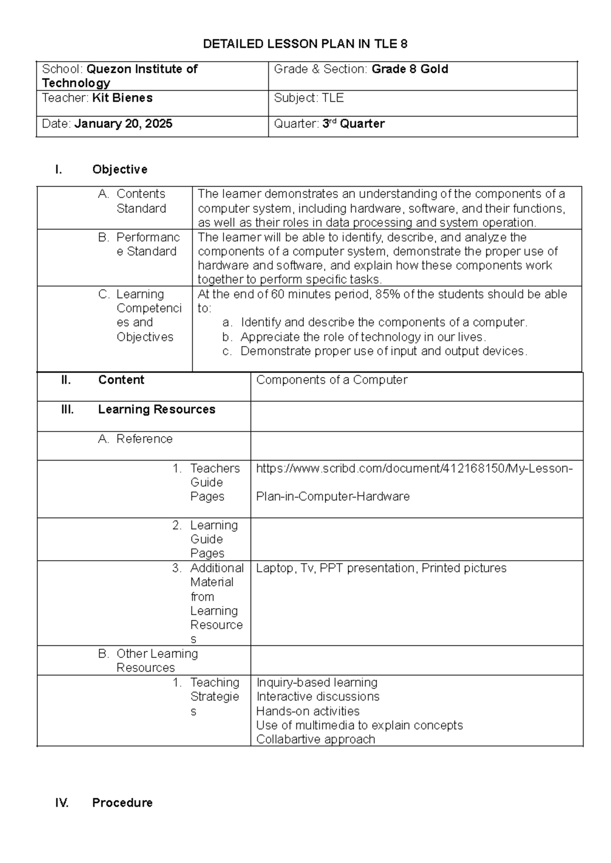 Detailed Lesson Plan in TLE 8: Components of a Computer System - Studocu