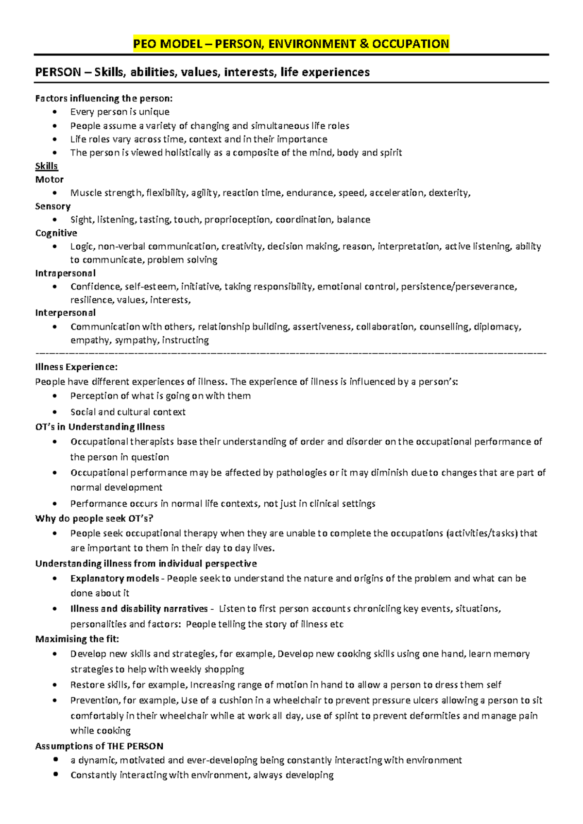 Intro to ot major models - PEO MODEL – PERSON, ENVIRONMENT & OCCUPATION ...