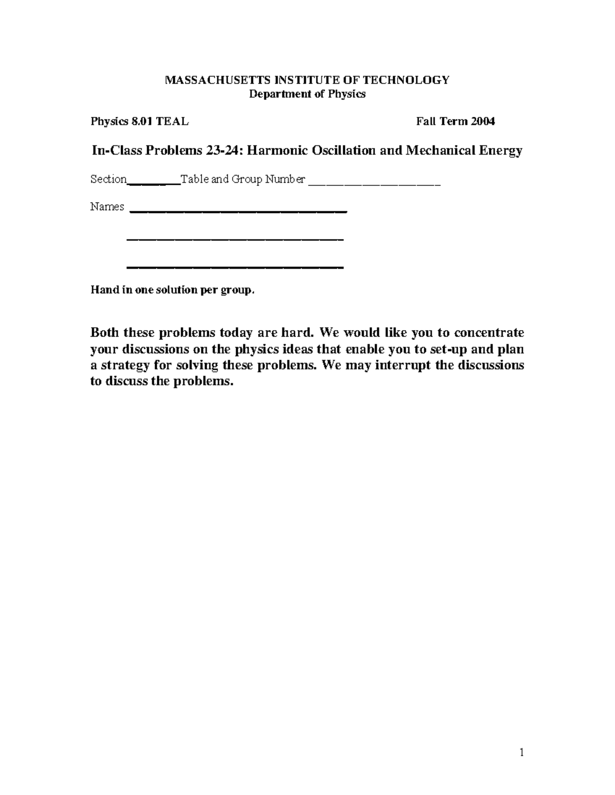 Physics 8.01 TEAL Fall 2004: Harmonic Oscillation Problems - Studocu