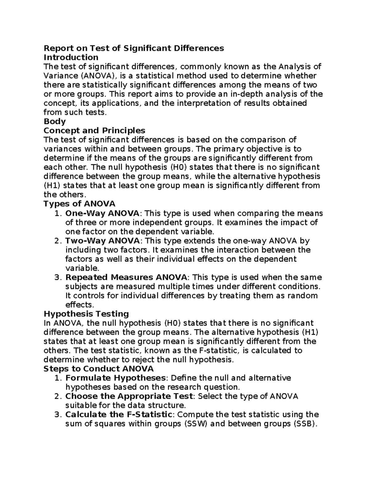 ANOVA Methods - Wrp2 Report on Test of Significant Differences - Studocu